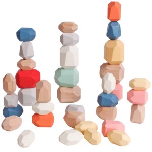 dinhon 36pcs colorful blue wood stone stacking game wooden building block set lightweight natural balance weight colorful rock block educational educational toy