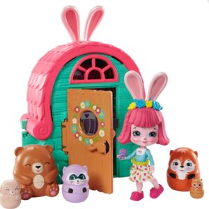 mattel enchantimals secret besties cabin playset with small doll house, bree bunny doll (3.5-inch), 5 nesting animal figures & accessory, harvest hills toy collection