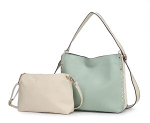 mkf 2 pc set, hobo bag for women & crossbody messenger – pu leather designer handbag – top handles shoulder purse seafoam