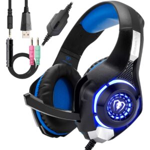 svyhuok wired gaming headset for ps4, over-ear pc headphones as gifts for kids teens, gamer headset with mic led light 3d bass surround sound, memory foam earpad for mac, laptop, mobile (black blue)