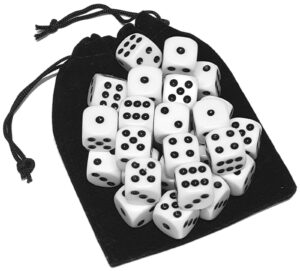 cyber-deals set of 16mm rounded corners 6-sided opaque pip dice with black velvet pouch ((30) white pip dice)