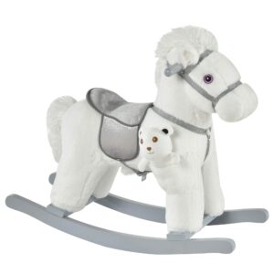 qaba kids plush ride-on rocking horse with bear toy, children chair with soft plush toy & fun realistic sounds, white