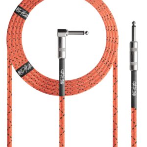 mophead 15-foot guitar instrument cable - 1/4 inch ts to 1/4 inch ts right angle pro grade double insulated tweed braided for electric guitar, bass, amp, keyboard (red with black stripe)