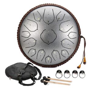 15 notes steel tongue drum, 14 inch harmonic handpan drum percussion instrument with mallets travel bag for meditation,women's yoga steel tongue drum (white)