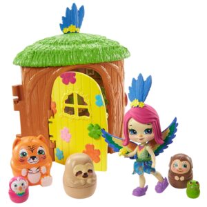 enchantimals secret besties tree hut playset with small doll house, peeki parrot doll (3.5-inch), 5 nesting animal figures & accessory, junglwood toy collection