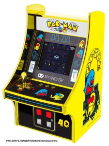 my arcade pac-man 40th anniversary micro player, fully playable, 6.75 inch collectible, full color, gold plated, battery or micro usb powered (dgunl-3290), yellow