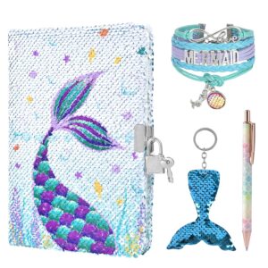 wernnsai mermaid diary for girls with lock - kids journals set sequins unique mermaid gift for girls ages 6-8, travel school office notebook notepad a5 diary with ballpoint pen bracelet key-chain