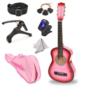 30" left handed wood guitar with case and accessories for kids/girls/boys/teens/beginners (pink gradient)