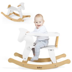 belleur wooden rocking horse for toddler 1-3 year old, baby wood ride-on toys with removable fence for indoor & outdoor activities, boys & girls rocking animal for birthday pink