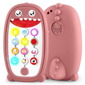 baby dinosaur cell phone toy removable soft teether case, lights, music & adjustable volume kids play & learn pretend phone infant toddler, preschool holiday birthday gift girl boy 18 months (brown)