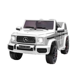 tobbi 12v kids' electric vehicle, licensed mercedes benz g63 electric car for kids, kids ride on car parents remote control, openable doors/spring suspension system/music's play & led lights-white