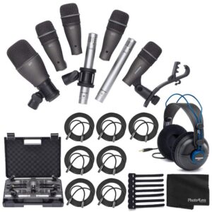 samson dk707 7-piece drum microphone kit sr970 professional studio headphones + 7x xlr mic cable 10 ft. + 7x rip tie cable tie + photo4less black cleaning cloth – deluxe accessory bundle