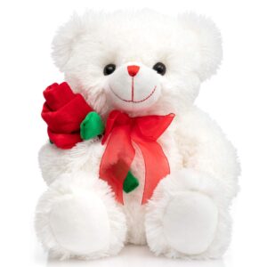 hollyhome teddy bear stuffed animal rose bear with red bow soft plush toy holiday valentine's day gift 12 inches white