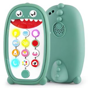 baby dinosaur cell phone toy removable soft teether case, lights, music & adjustable volume kids play & learn pretend phone infant toddler, preschool holiday birthday gift girl boy 18 months (green)