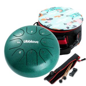 ubblove steel tongue drum for kids: 8 notes 6 inches key of c metal steel drums instrument with bag for meditation, yoga, musical education, zen tone (green)