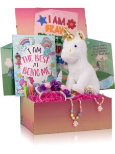 the memory building company kids toys - large unicorn surprise box for girls and boys w/unicorn plush, coloring book and markers, jewelry and horn headband - awesome gift for girls age 6 & up