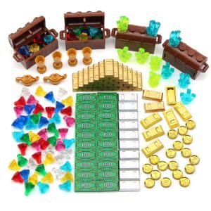 feleph treasure accessories money building blocks set jewel chest, gems diamonds, bullion gold tile silver bar, power crystals, coins, goblet, 100 dollar bill cash toy brick