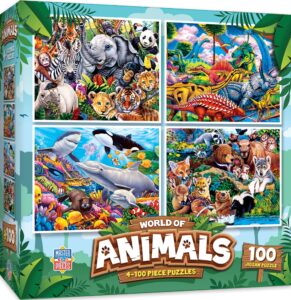 masterpieces – jigsaw puzzle set for kids 6+ years, 4-pack of 100 pieces, educational and fun game, world of animals collection, gift idea for children, 8" x 10