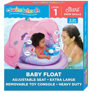 swimschool baby pool float with adjustable canopy - 6-24 months - includes 5-toy interactive play console safety seat - pink