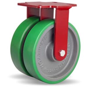 hamilton heavy service dual-wheel rigid caster part# r-hs2-8db 8" x 2" duralast® polyurethane (95a) on cast iron wheels with 1/2" sealed precision ball bearings - 2,700 lbs capacity - usa made