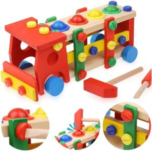 boxiki kids wooden montessori toys - wooden shape sorter & stacking toys for color recognition, early development & to fine motor skills, wooden activity bus (red)