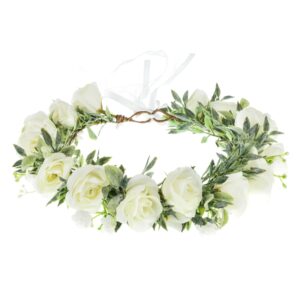 funsveta floral headpiece garland halo maternity photo shoot flower crown eucalyptus leave headband wedding headpiece (green leaf and white)