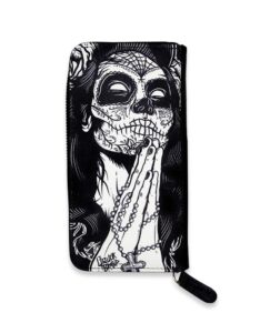 liquorbrand gypsy rose women's zip around clutch wallet | day of the dead goth gothic rockabilly dia de los muertos sugar skull print