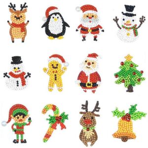 ezakka 12pcs christmas stickers kits，5d diy kits sticker painting by numbers full round drill art craft，easy to diy creative craft by numbers kits for kids and adult