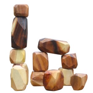 12 pcs. wooden balancing blocks: handmade meditative educational game sensory stem toy stacking game wood balance rocks set (tum ishi) montessori with cotton bag