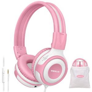 simolio wired headphones for kids with mic & share port, 75db/85db/94db volume limit children headphone with portable bag for school/travel, sturdy headband, stereo sound, tangle-free cord (sm-903p)