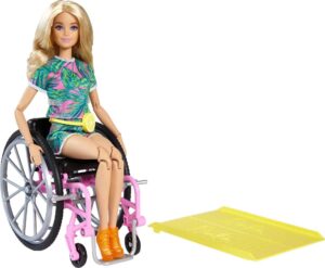 barbie fashionistas doll #165 with wheelchair & ramp, wavy blonde hair & tropical-print outfit with accessories (amazon exclusive)