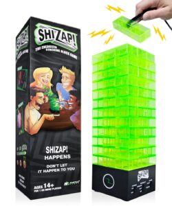 shizap! - illuminated electric shock stacking block game, plastic tumble tower blocks, shocking tweezers, led base that plays suspenseful music, family fun party games for teenage boys, girls, adults