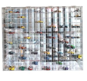 displaygifts clear acrylic display case for 1:64 scale hot toy cars wheels model cars display with 144 compartments in 45 degree angle, clear, uv protect 22.5 x 30.4 x 3 inches, wall mounted storage