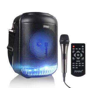 rhm k113 karaoke machine with 6 color change, powerful sound, rechargeable battery & a wired microphone, 6 hours playtime, support bluetooth/aux/usb/tf/fm/rec, for home/party/picnic/outdoor actives