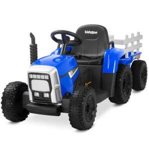 kidzone 12v 7ah premium version with eva treaded tires dual 35w motors boost power torque remote control powered electric tractor with trailer toddler ride on toy 3-gear-shift, 7-led lights, mp3