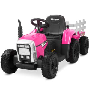 kidzone 12v 7ah premium version with eva treaded tires dual 35w motors boost power torque remote control powered electric tractor with trailer toddler ride on toy 3-gear-shift, 7-led lights, mp3