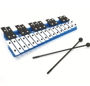 professional blue plastic soprano glockenspiel xylophone with 27 metal keys & notes engraved into keys - includes 2 plastic beaters