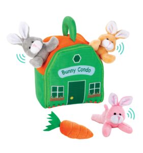 etna 5-piece bunny condo play set with sounds - stuffed rabbit carrier and tiny plush bunnies for imaginative play