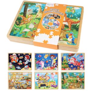 6 pack wooden puzzles for kids ages 4-8 jigsaw puzzles preschool learning educational toys for toddlers boys girls