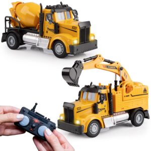 force1 mini construction rc trucks for kids - 2 pack remote control toy trucks set with mini scoop rc truck, mini cement mixer toy truck 2.4ghz remote controls bright leds and rc toy batteries yellow