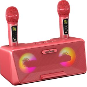 masingo karaoke machine for adults and kids with 2 wireless microphones, portable bluetooth singing speaker, colorful led lights, pa system, lyrics display phone holder, and tv cable. presto g2 pink