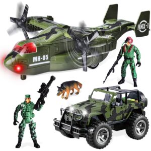 joyin military vehicle toy set of friction powered transport airplane and military truck with light and sound sirens and soldier army men action figures for kids