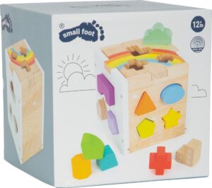 wooden rainbow shape sorter cube – sorting toy with 13 geometric shapes & removable lid – educational game for dexterity & fine motor skills – teaches counting, shapes and colors – ages 12+ months