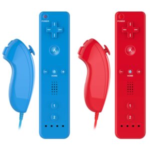 2 pack remote controller gesture controller and nunchuck joystick compatible for wii/wii u, controller with silicone case and wrist strap - blue&red