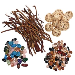 natural loose parts set of 4, excellerations loose parts, stones, sticks and wicker balls for sorting and counting, upcycled materials, educational toys for kids