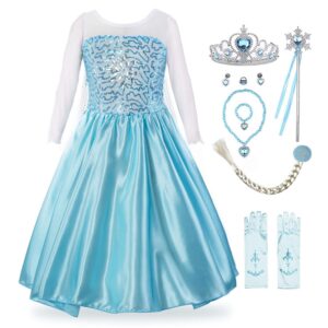 padete little girl princess dress snow party queen halloween costume sky blue with accessories (7 years, sky blue with accessories)