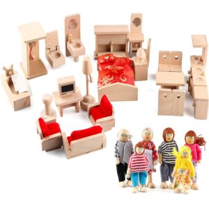 5 set dollhouse furniture accessories wooden bathroom/living room/dining room/bedroom/kitchen house 6 family doll decoration pretend play kids christmas birthday gifts for girls toys 40 pcs