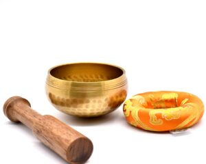 hand beaten tibetan singing bowl gift set - yoga chime - meditation bowls- tibetan bell - handcrafted in nepal - free mallet cushion