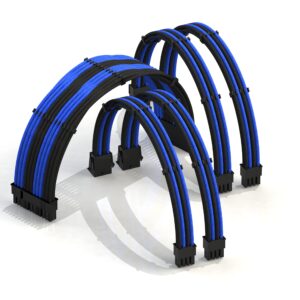 linkup - 30cm super soft and flexible psu cable extension sleeved custom mod gpu pc braided w/comb kit┃1 x 24 p (20+4)┃2 x 8 p (4+4) cpu┃2 x 8 p (6+2) gpu set┃300mm - blackblue