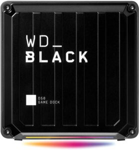 wd_black d50 game dock. 2x thunderbolt 3 ports, displayport 1.4, 2x usb-c & 3x usb-a, audio in/out, gigabit ethernet; customizable rgb lighting